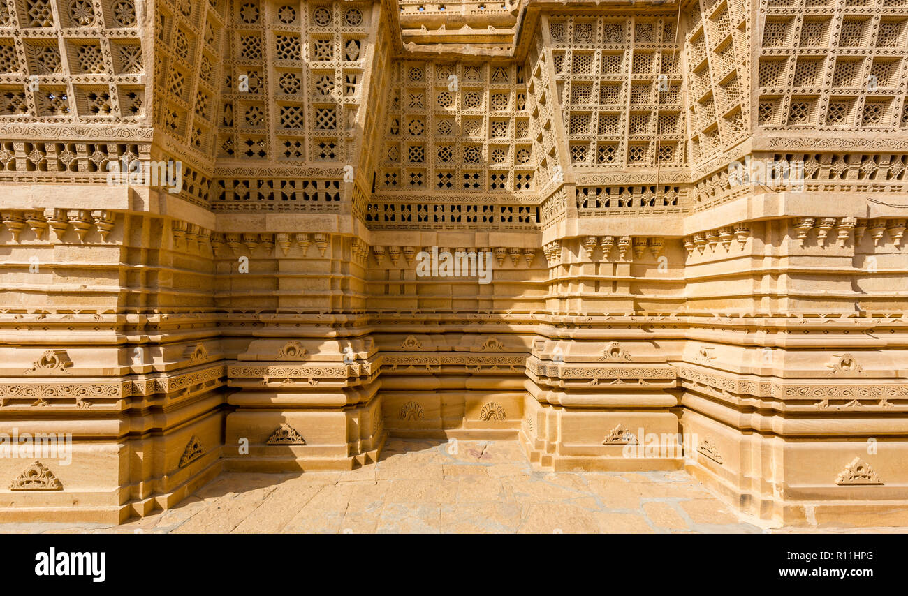 View of intricate stone carving at the Jain Temples in Lodurva, near ...