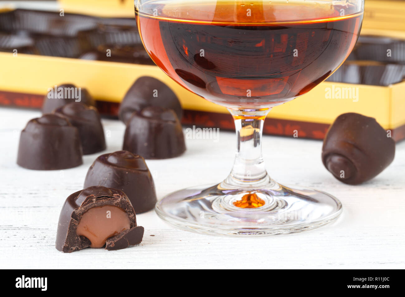 Chocolate candies with brandy Stock Photo - Alamy
