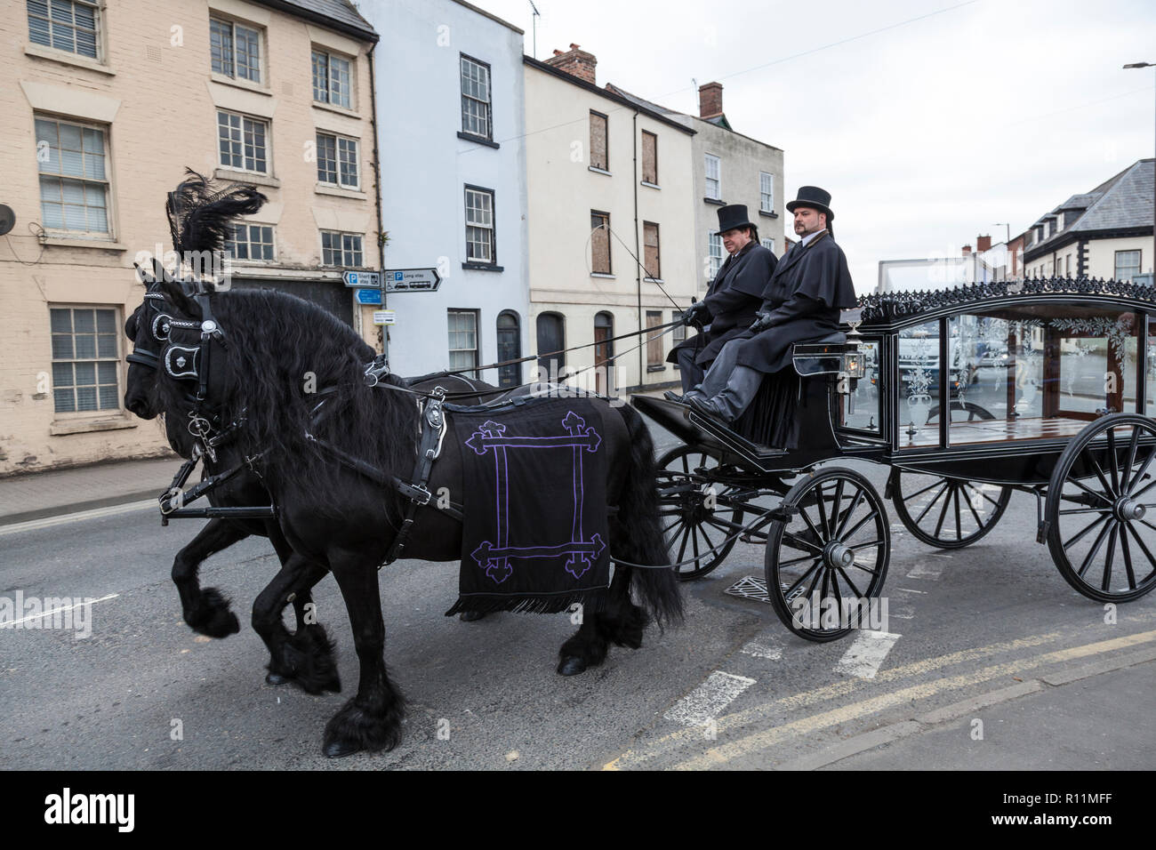 Black funeral carriage drawn by two black cart horses with plumes along ...