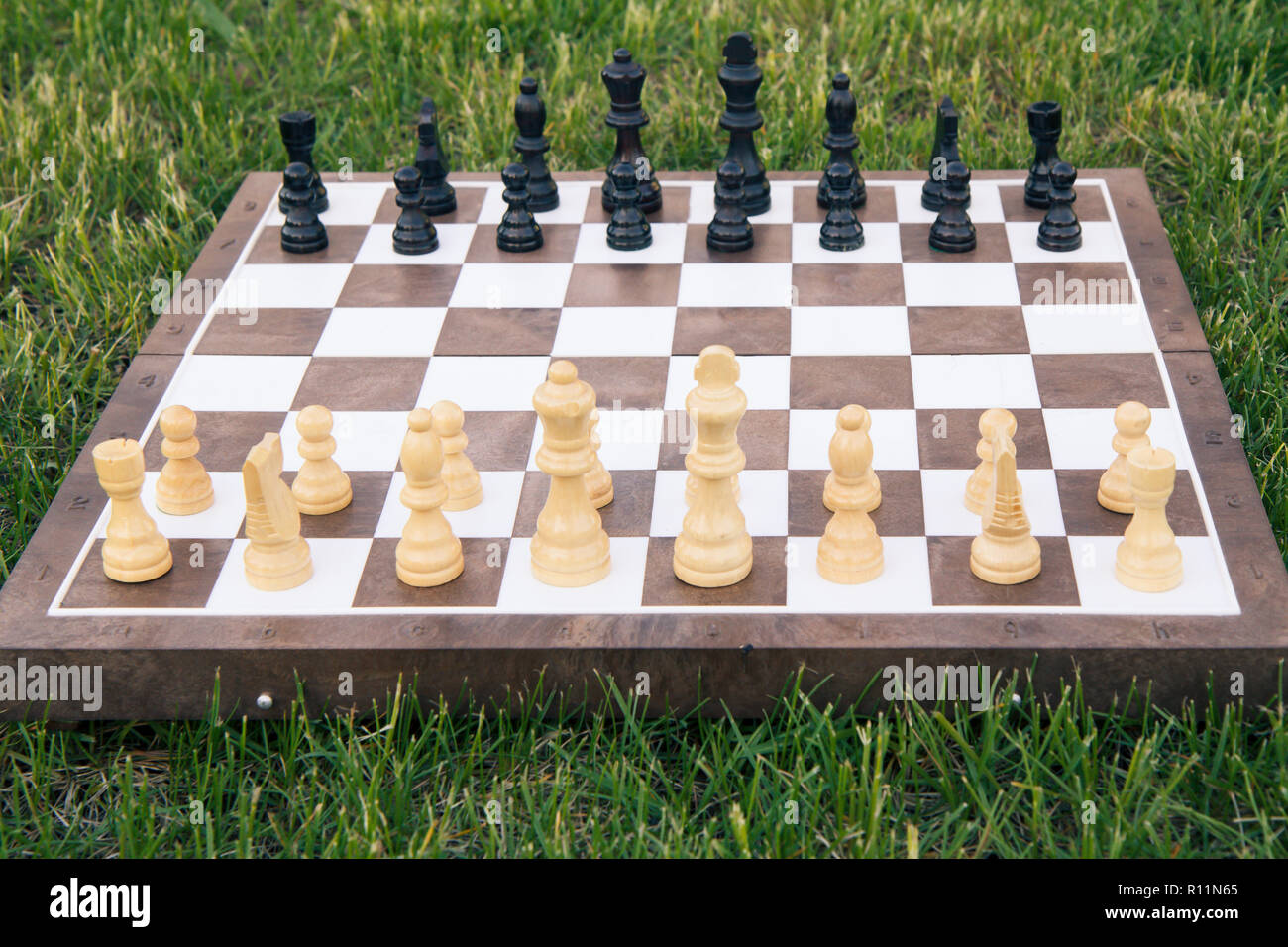 Chess board with chess pieces on green grass. Selective focus on white ...