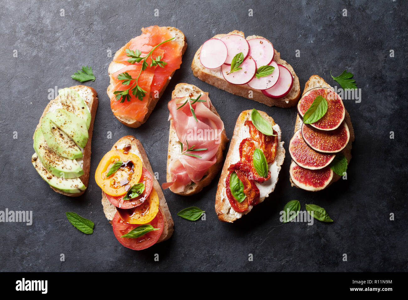 Brushetta or traditional spanish tapas. Appetizers italian antipasti ...