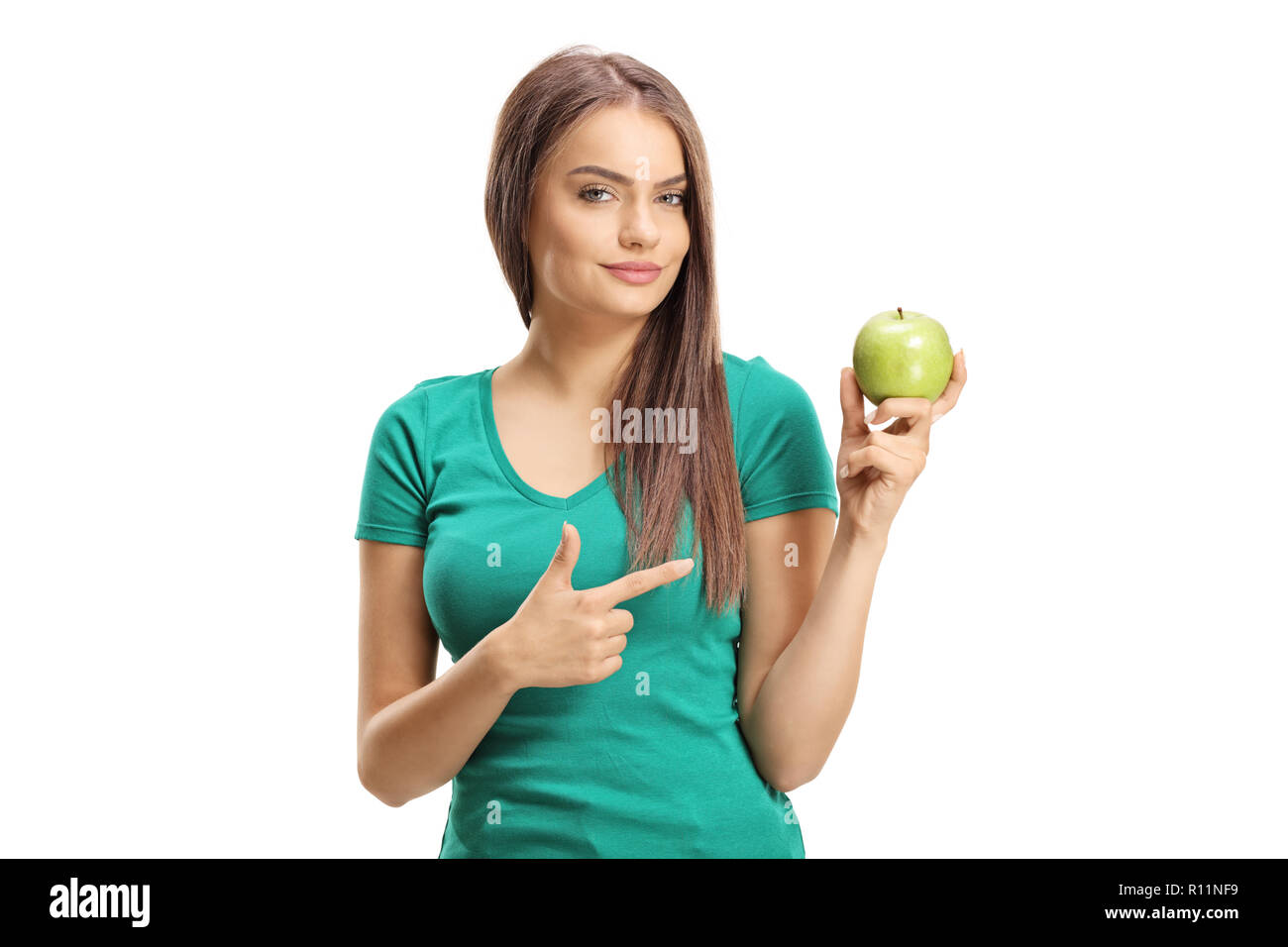 Healthy woman pointing apple hi-res stock photography and images - Alamy