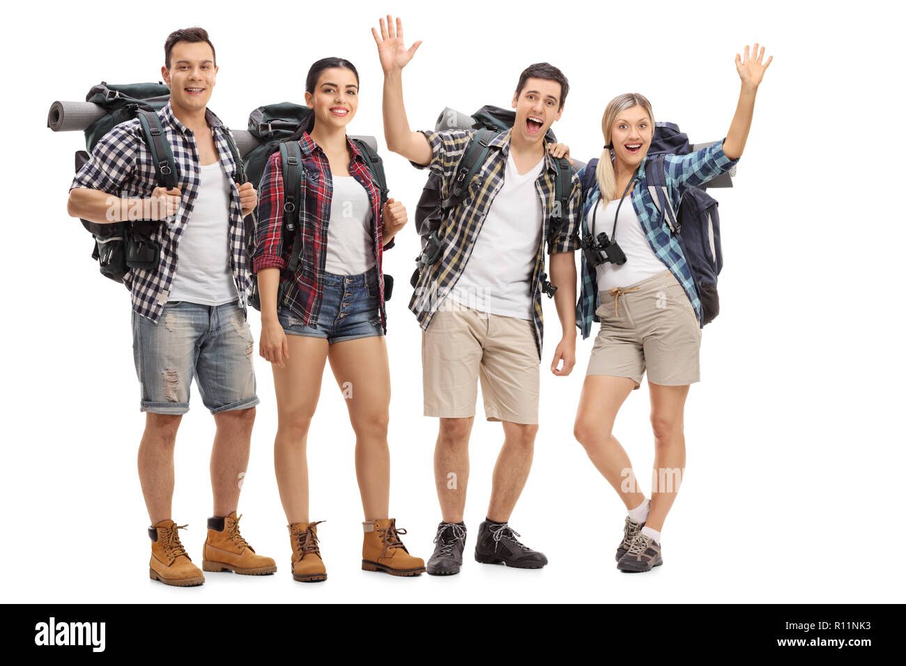 Group of cheerful hikers with backpacks isolated on white background ...