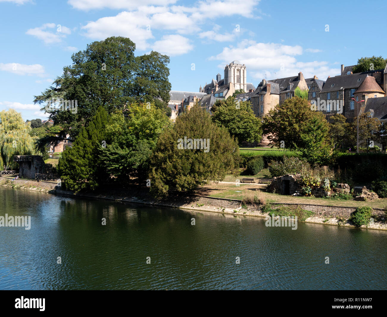 The Sarthe River and the old town of Le Mans, in the west of France. It ...