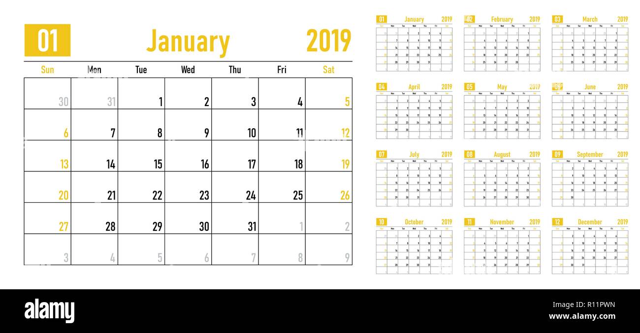 Calendar planner 2019 template vector illustration all 12 months week ...