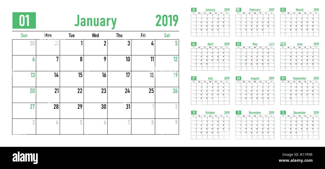 Calendar planner 2019 template vector illustration all 12 months week ...