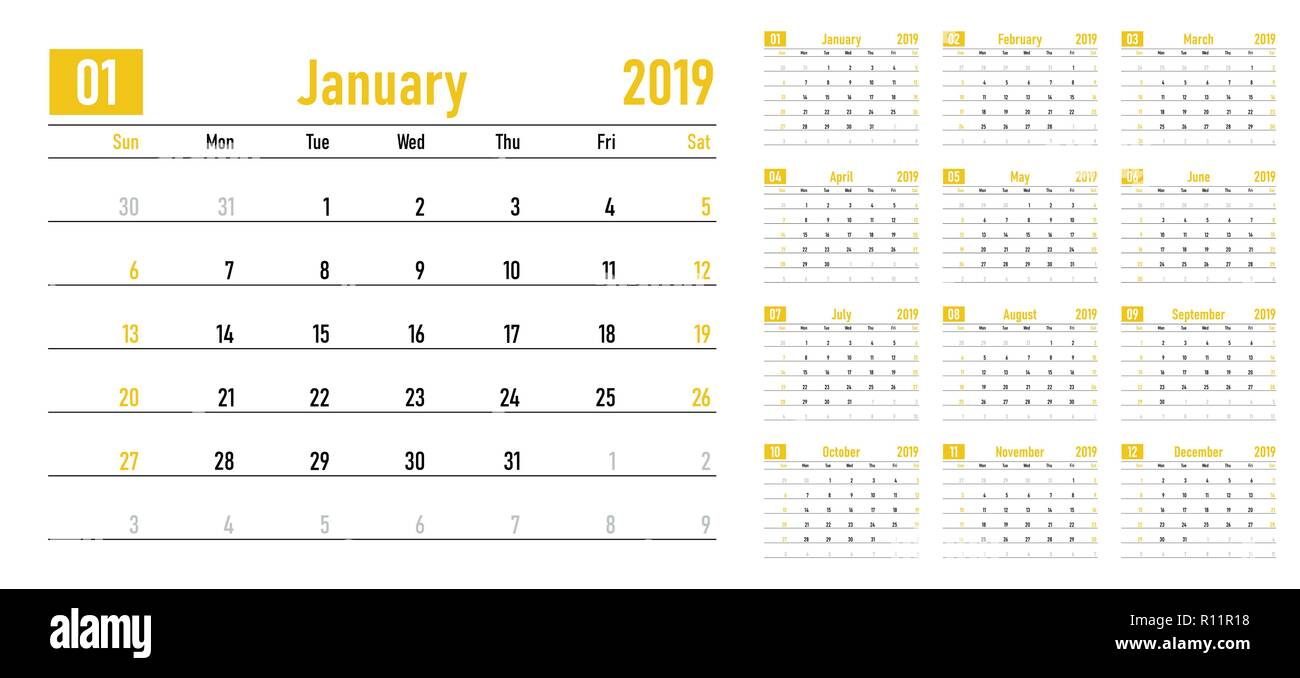 Calendar planner 2019 template vector illustration all 12 months week ...