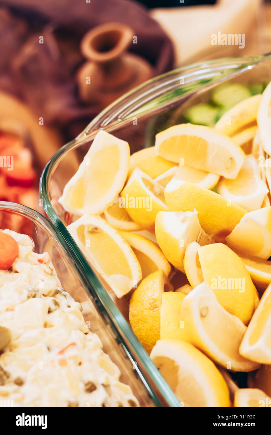 Fresh salad and light snack trays on a buffet Stock Photo - Alamy