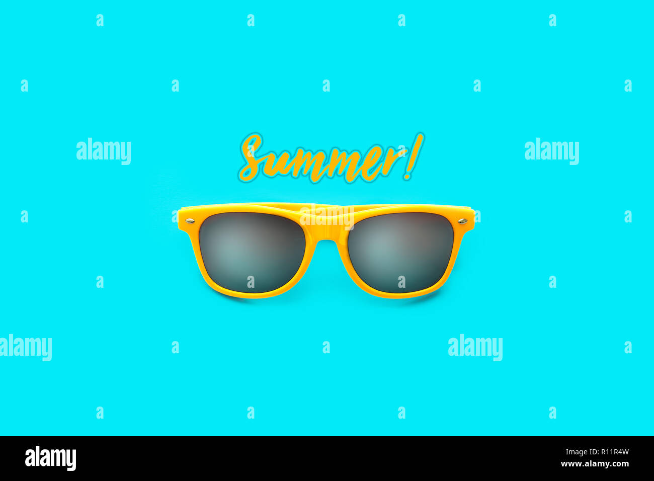 Summer! text and yellow sunglasses in intense cyan blue large negative ...