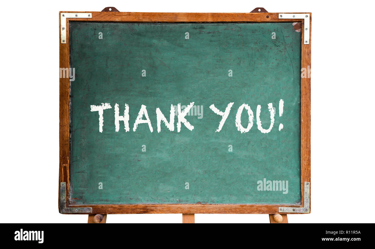 Thank you! text message in white chalk letters written on a school ...