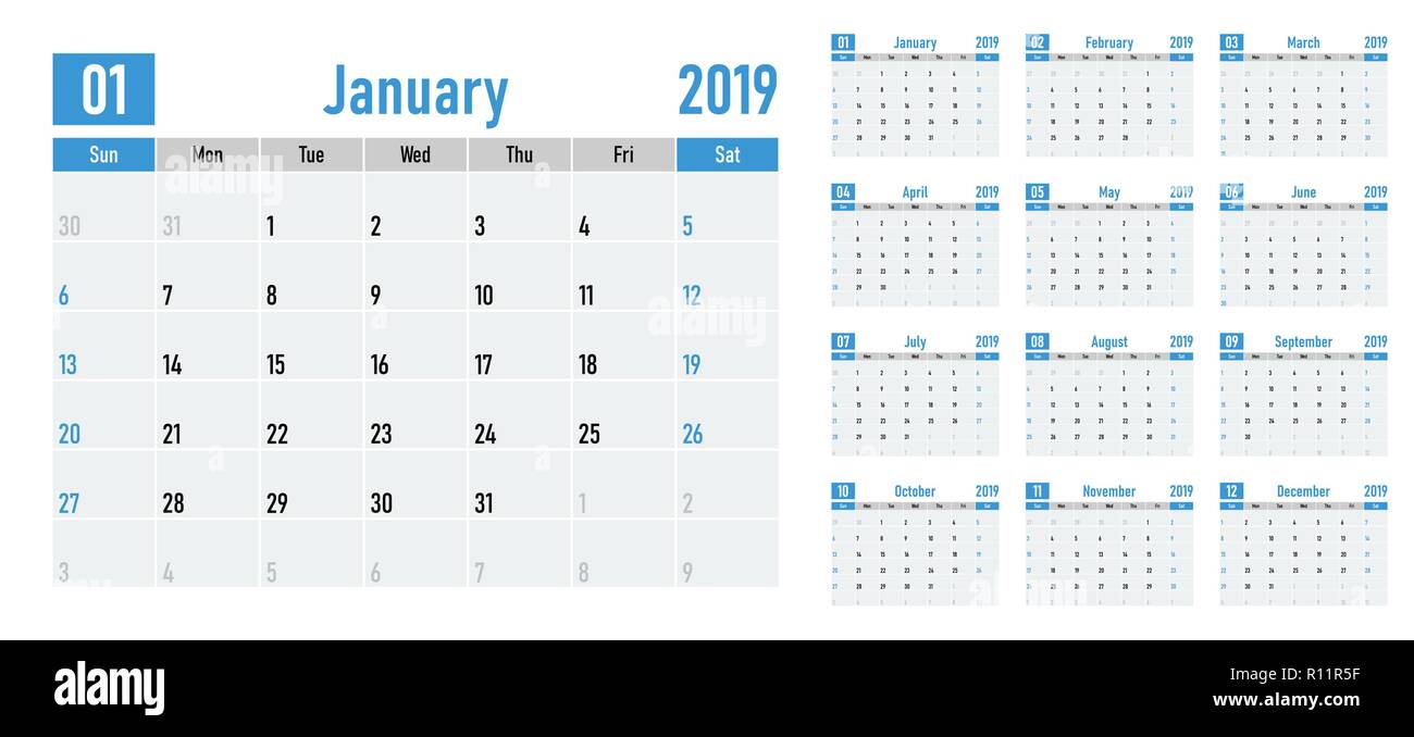 Calendar planner 2019 template vector illustration all 12 months week ...