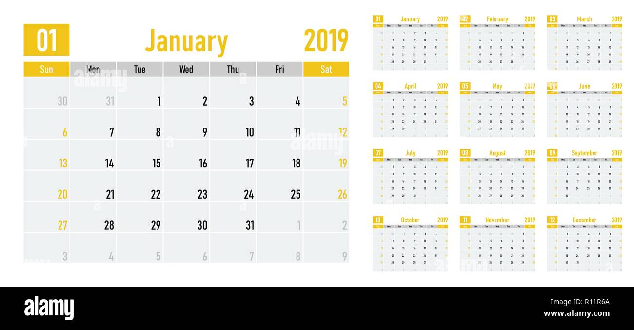 Calendar planner 2019 template vector illustration all 12 months week ...