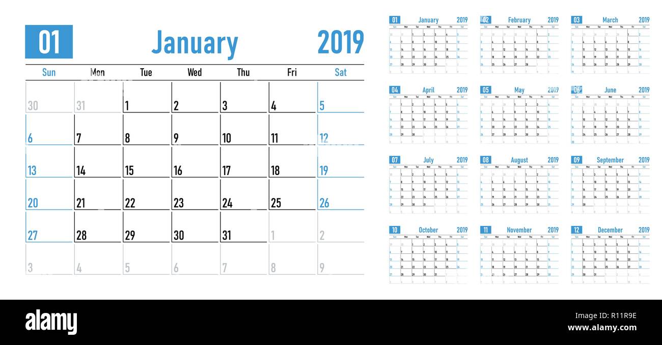 Calendar planner 2019 template vector illustration all 12 months week ...