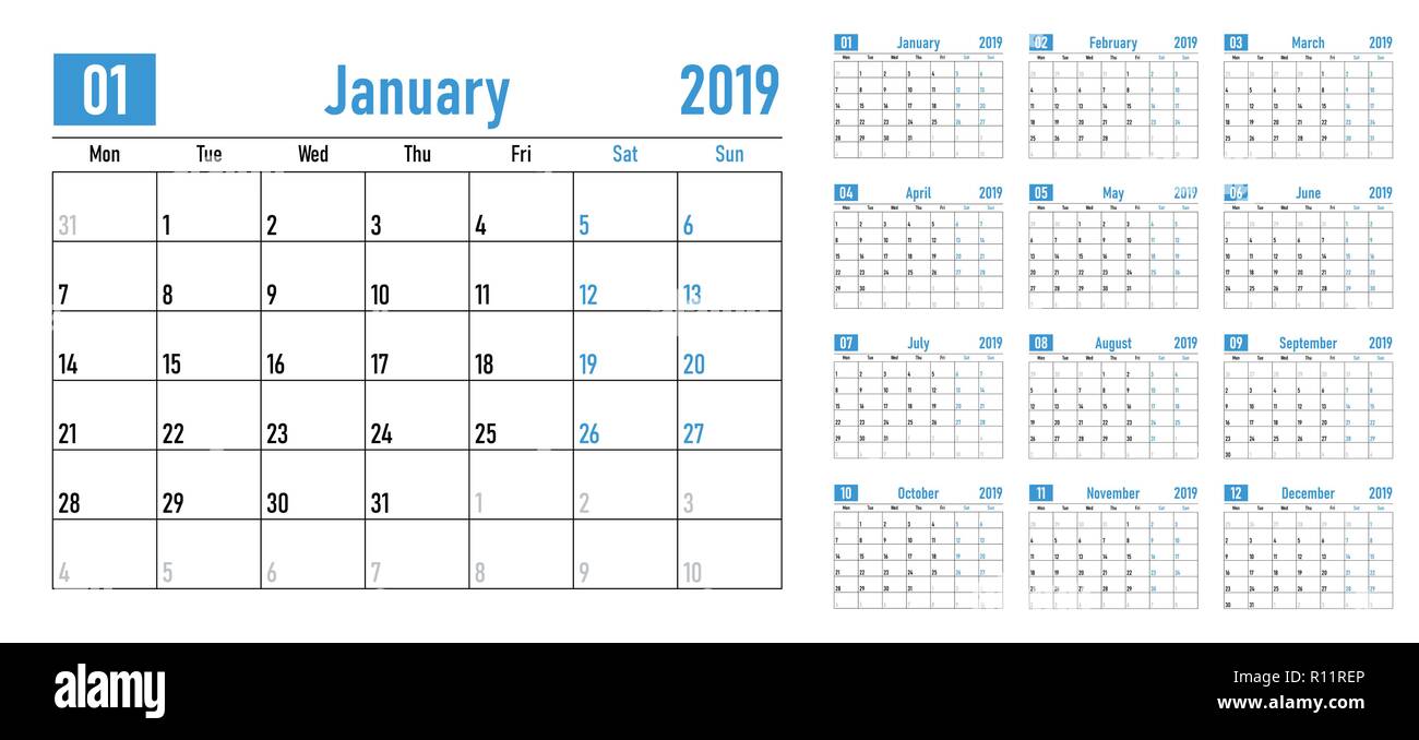 Calendar planner 2019 template vector illustration all 12 months week ...