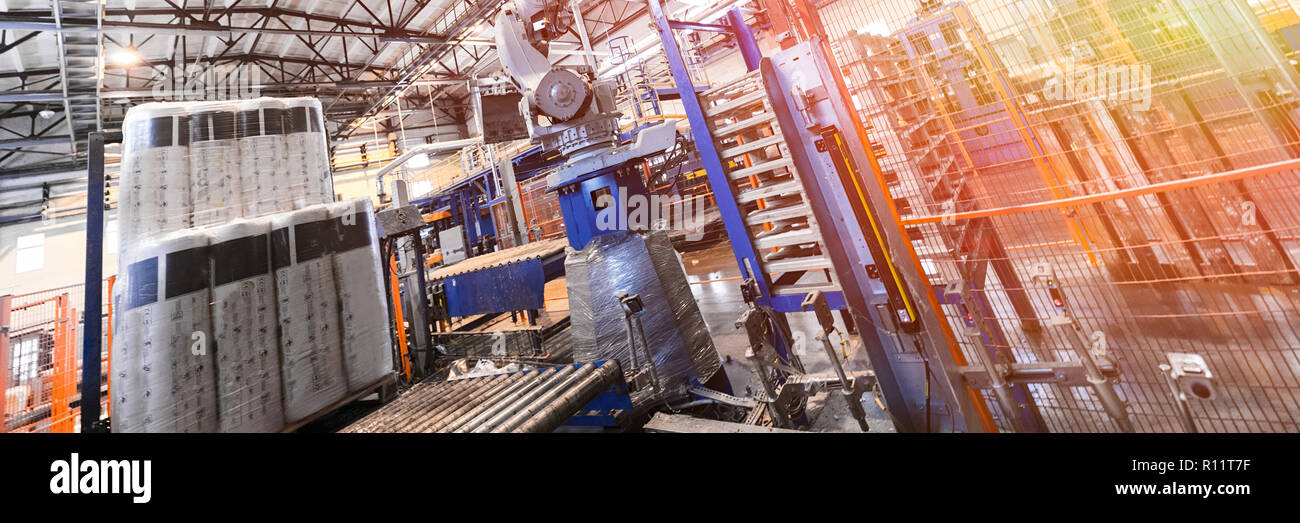 Fiberglass production industry equipment at manufacture background ...