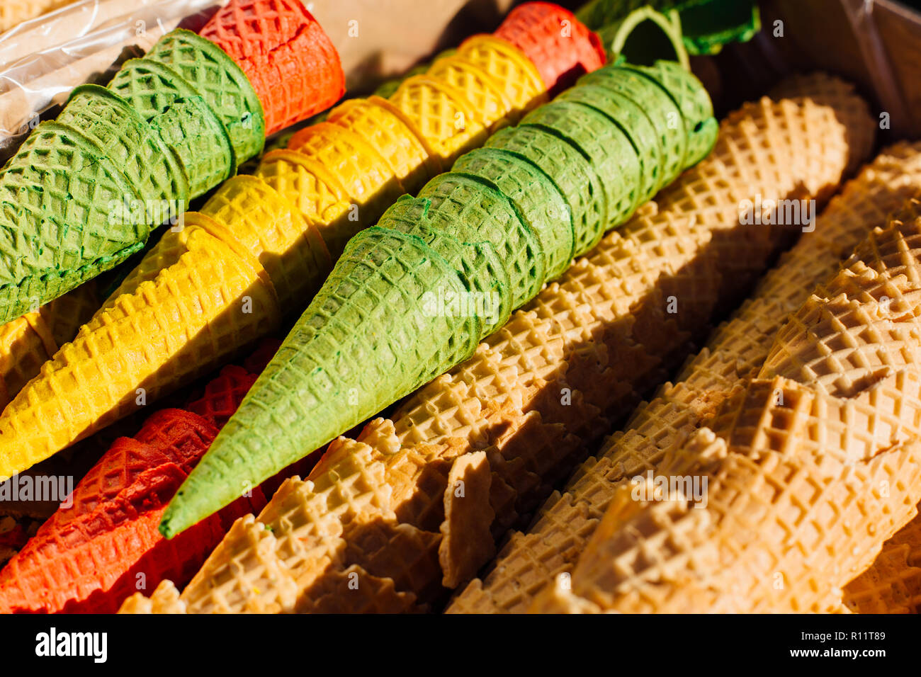 Waffle cones for ice cream background Stock Photo - Alamy