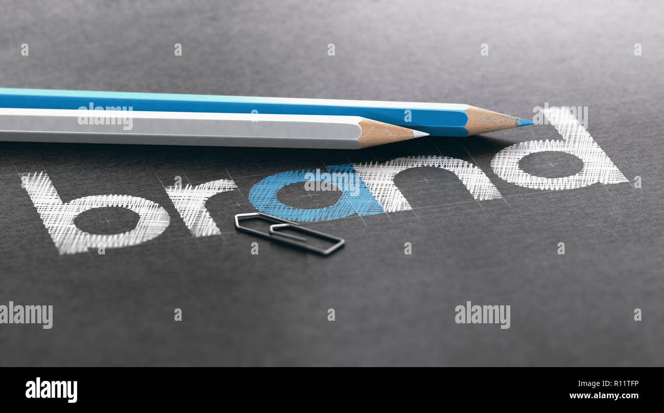 Brand name written over black paper background with white and blue ...