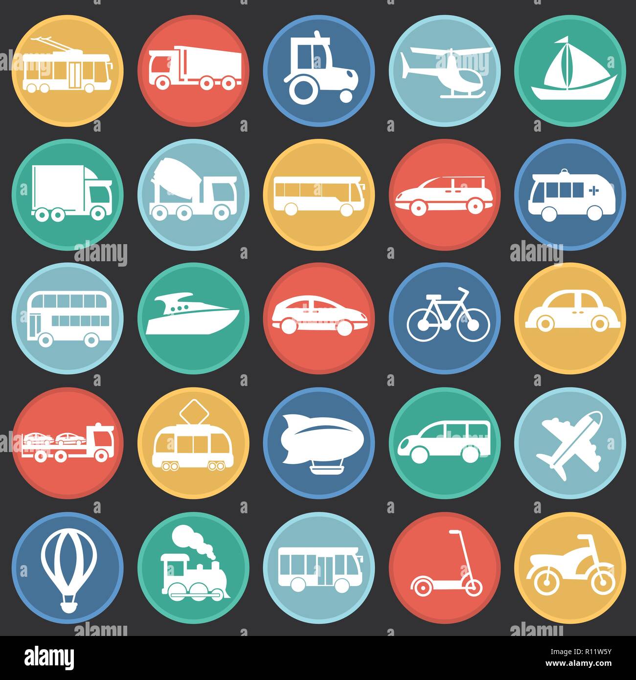 Transportation and vehicles set on circles black background Stock ...