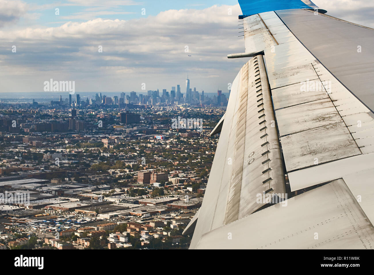 Aerial view of Manhattan, New York City, from an arriving airplane with ...