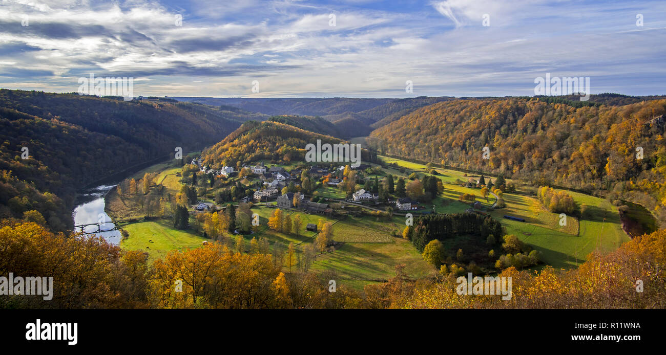 Aerial view over the village Frahan surrounded by the meandering Semois ...