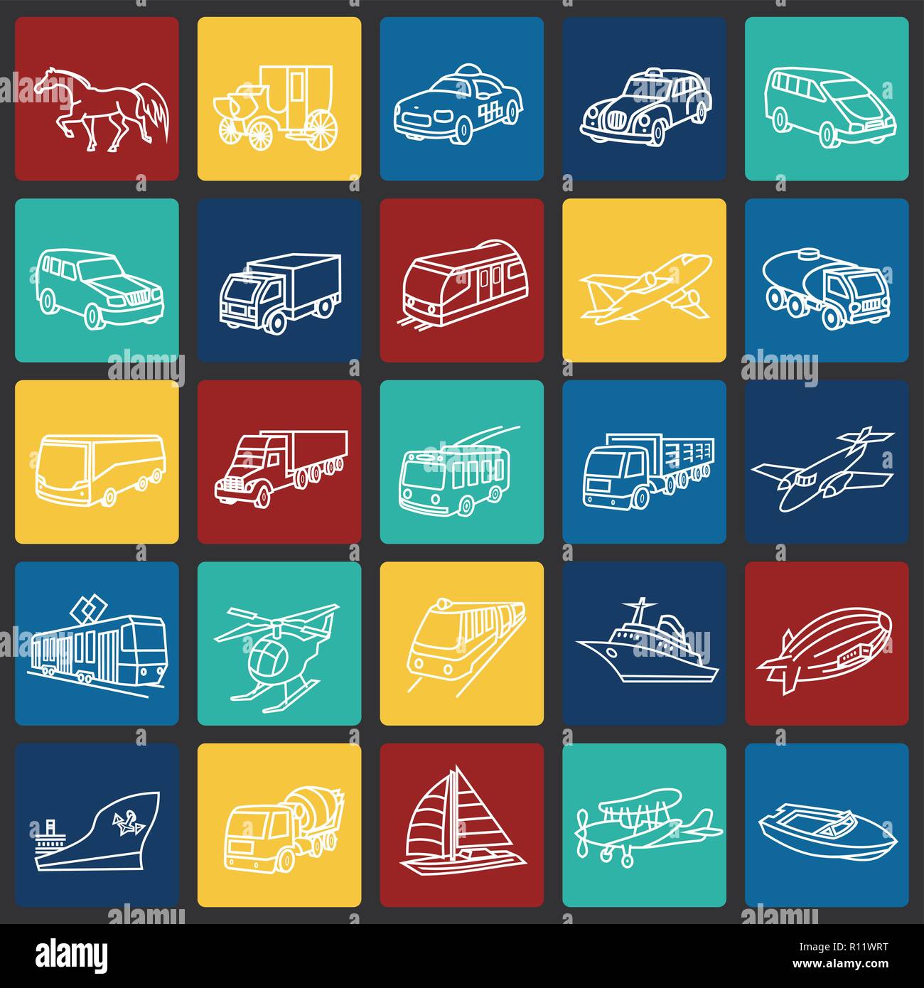 Transportation and vehicles thin line on color squares background Stock ...
