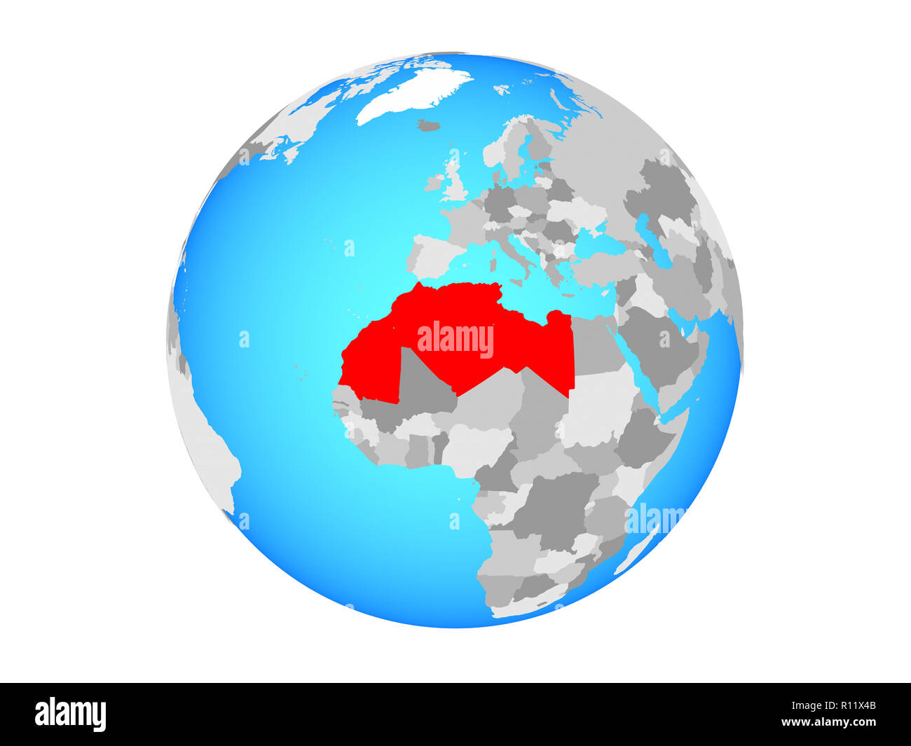 Maghreb region on blue political globe. 3D illustration isolated on white background Stock Photo ...