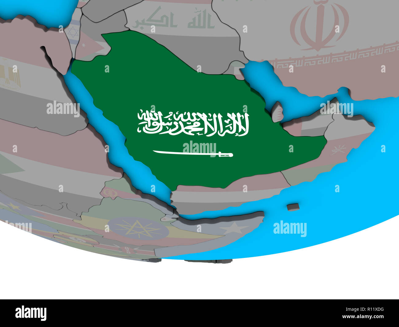 Saudi Arabia with embedded national flag on simple political 3D globe ...