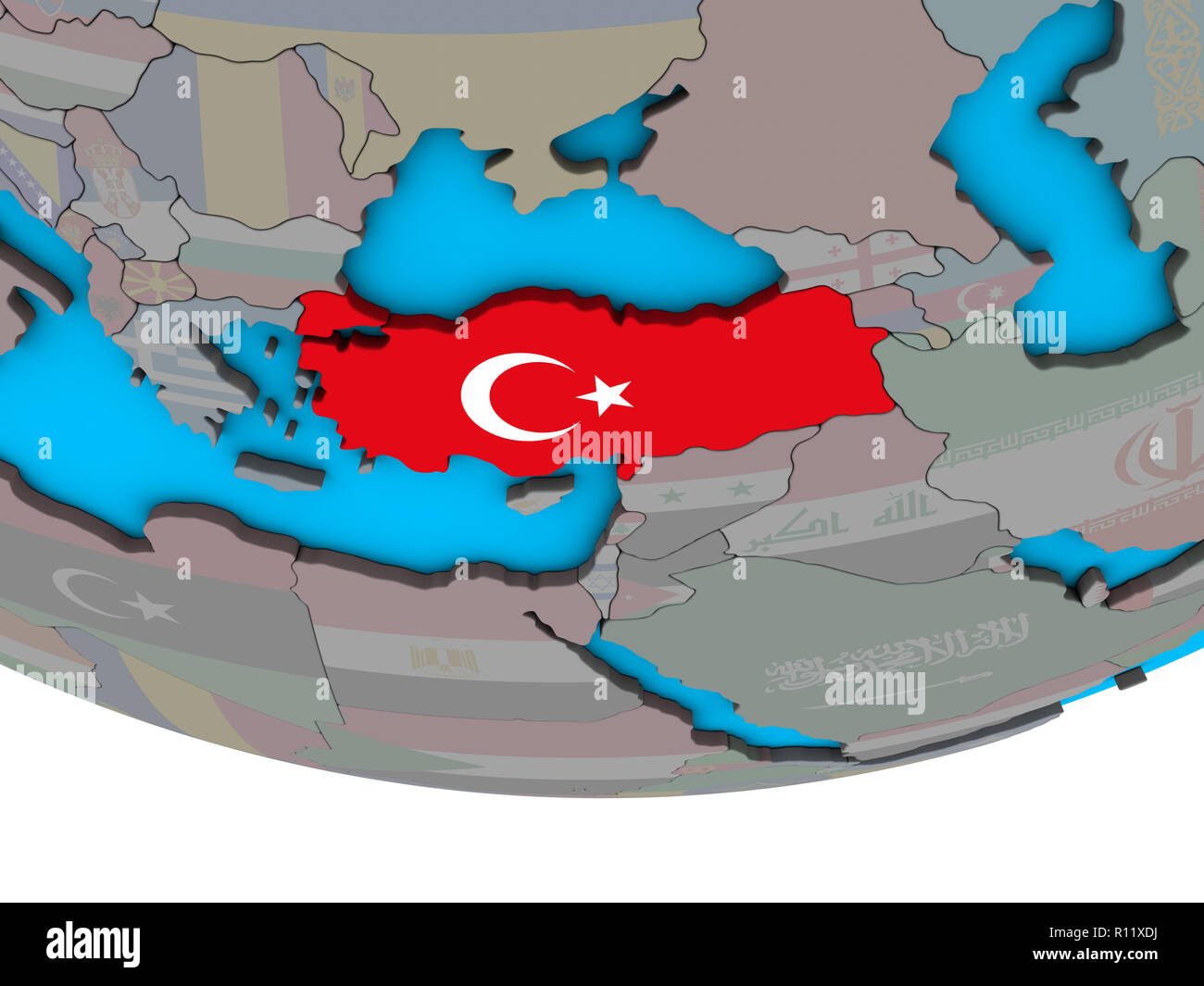Turkey with embedded national flag on simple political 3D globe. 3D ...