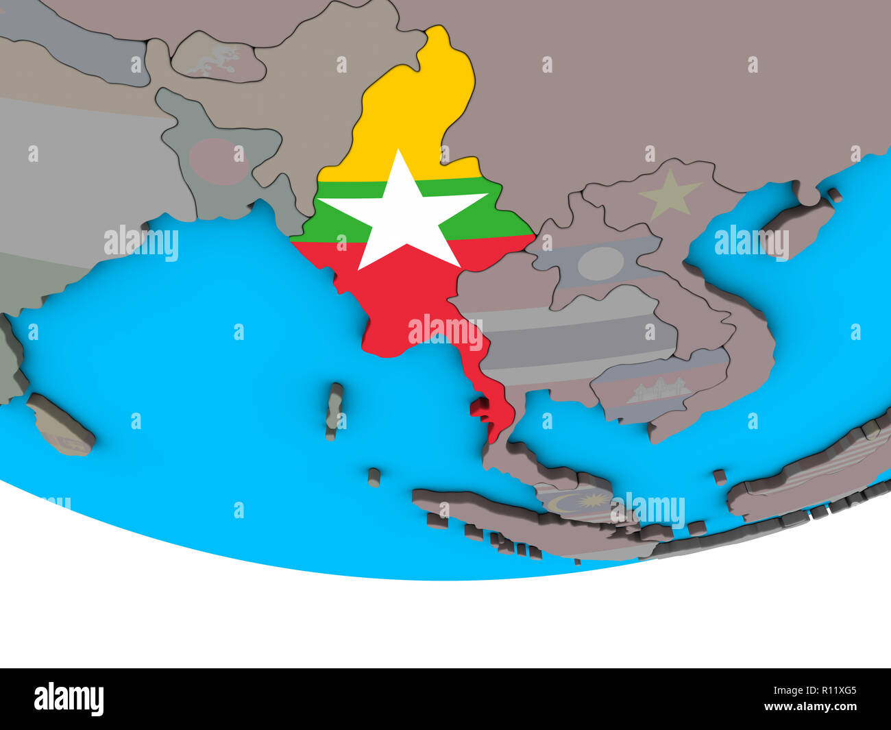 Myanmar with embedded national flag on simple political 3D globe. 3D ...