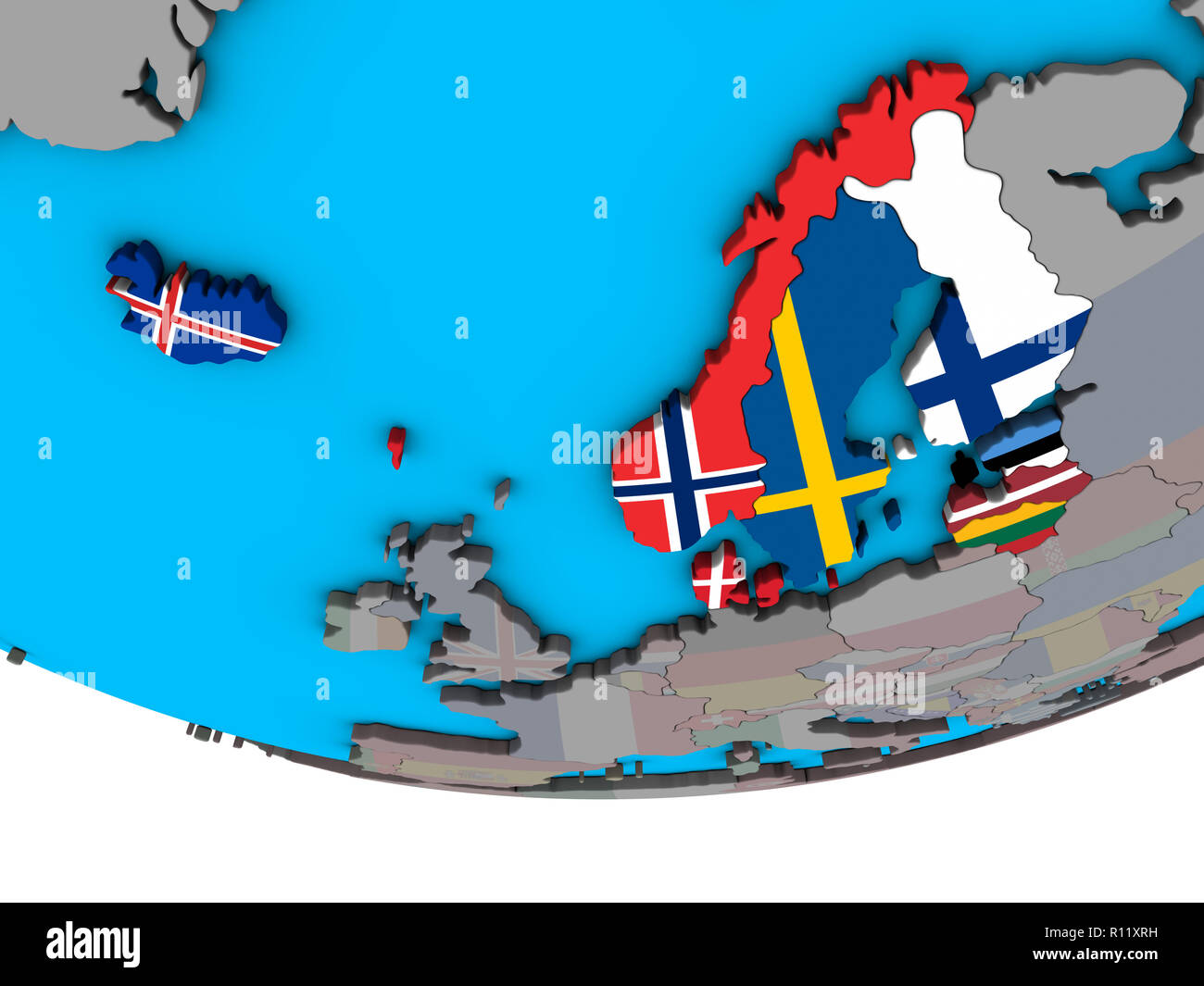 Northern Europe with embedded national flags on simple political 3D ...