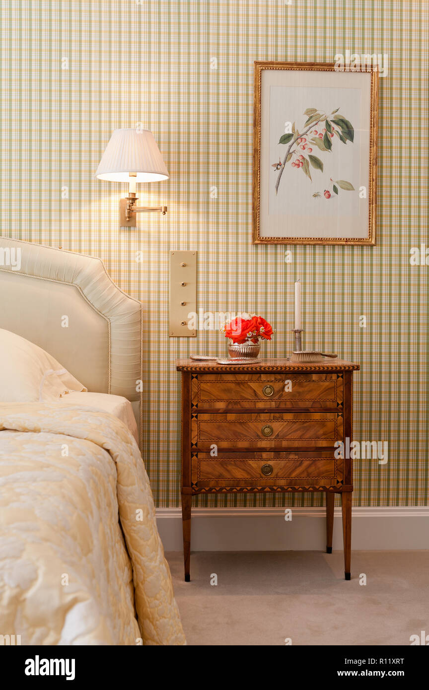 Bedroom with checked wallpaper Stock Photo - Alamy