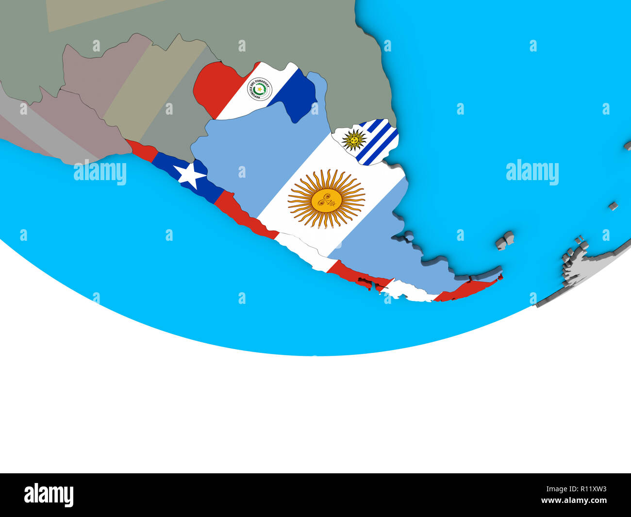 Southern Cone with embedded national flags on simple political 3D globe ...