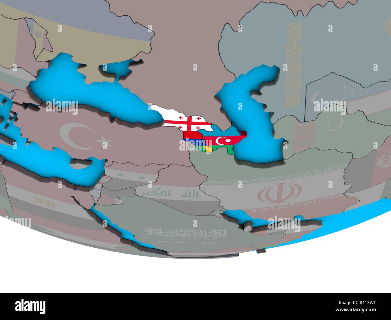 Caucasus region with embedded national flags on simple political 3D ...