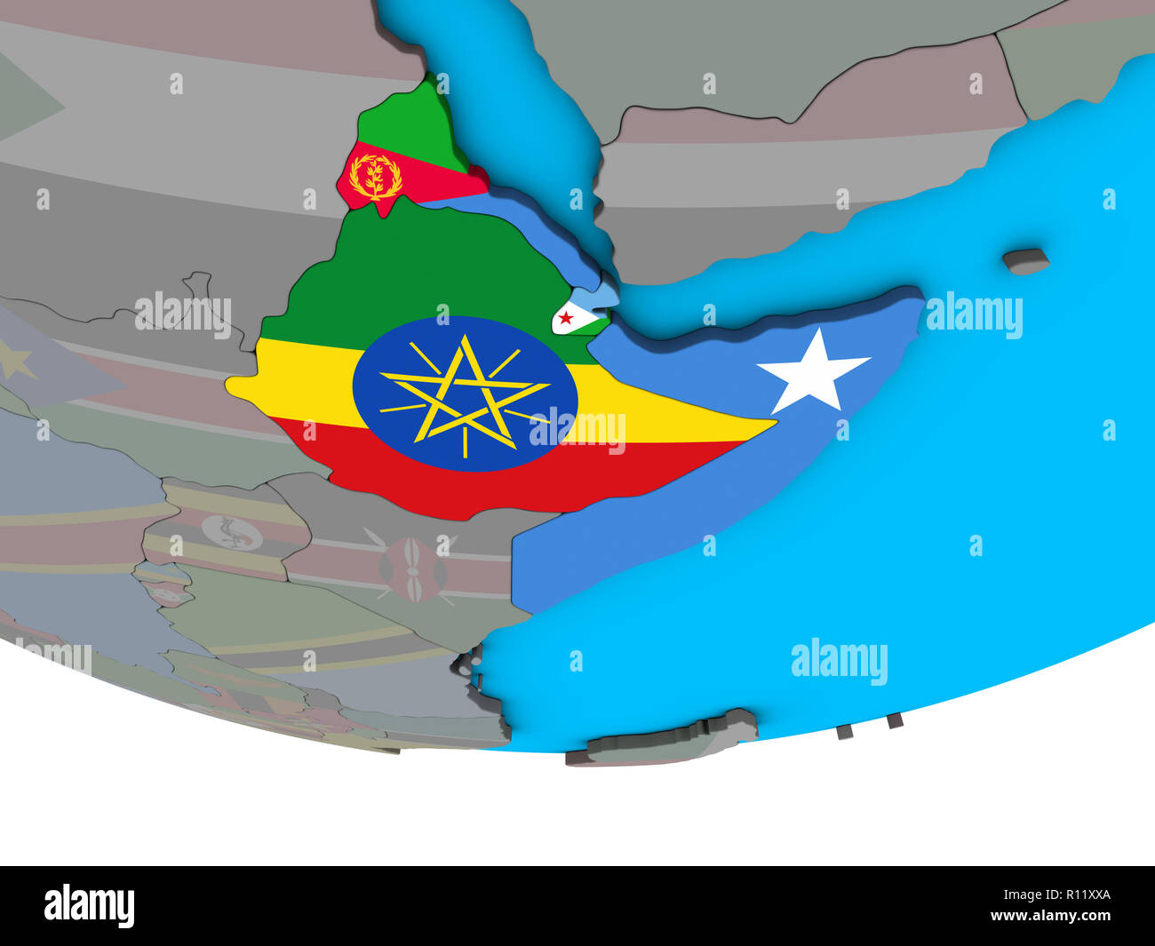 Horn of Africa with embedded national flags on simple political 3D ...