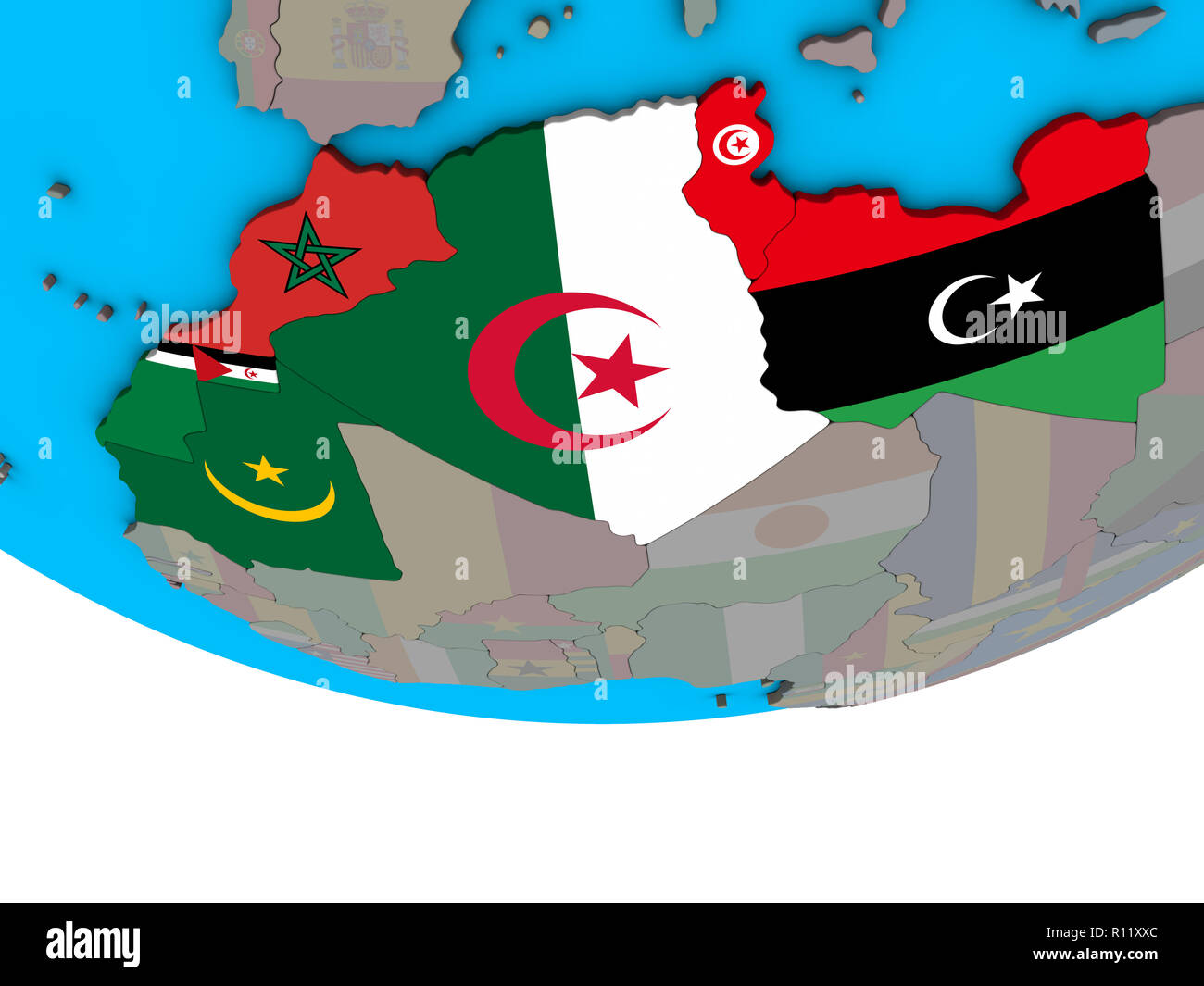 Maghreb region with embedded national flags on simple political 3D ...