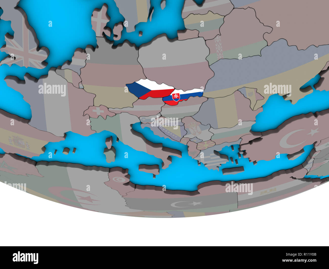Former Czechoslovakia with embedded national flags on simple political ...