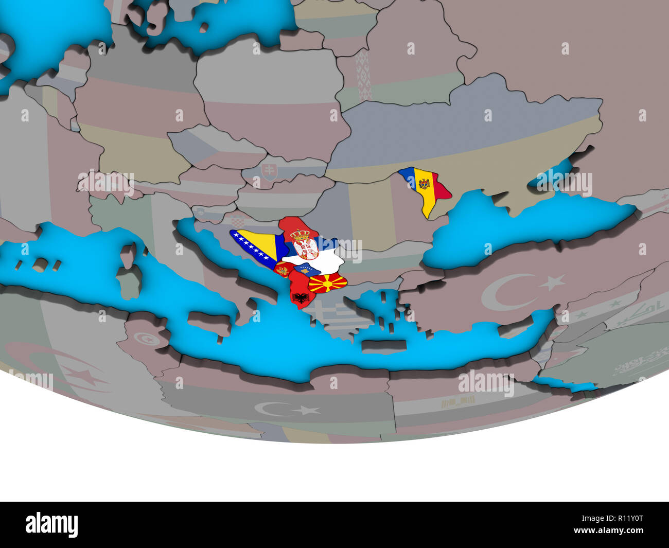 CEFTA countries with embedded national flags on simple political 3D ...