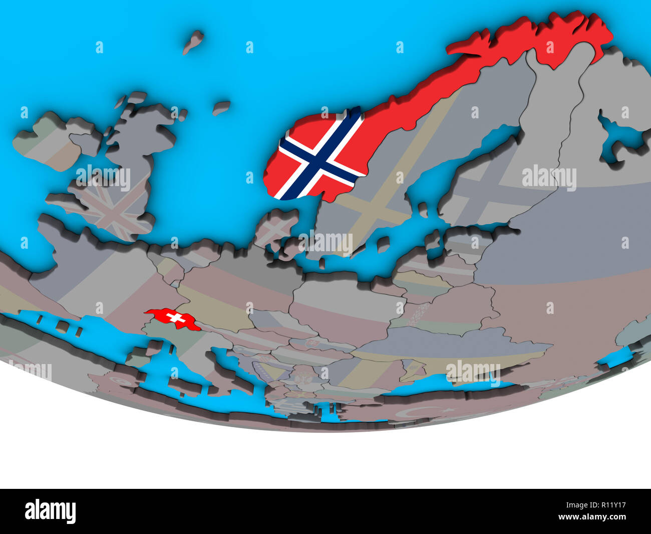 EFTA countries with embedded national flags on simple political 3D ...