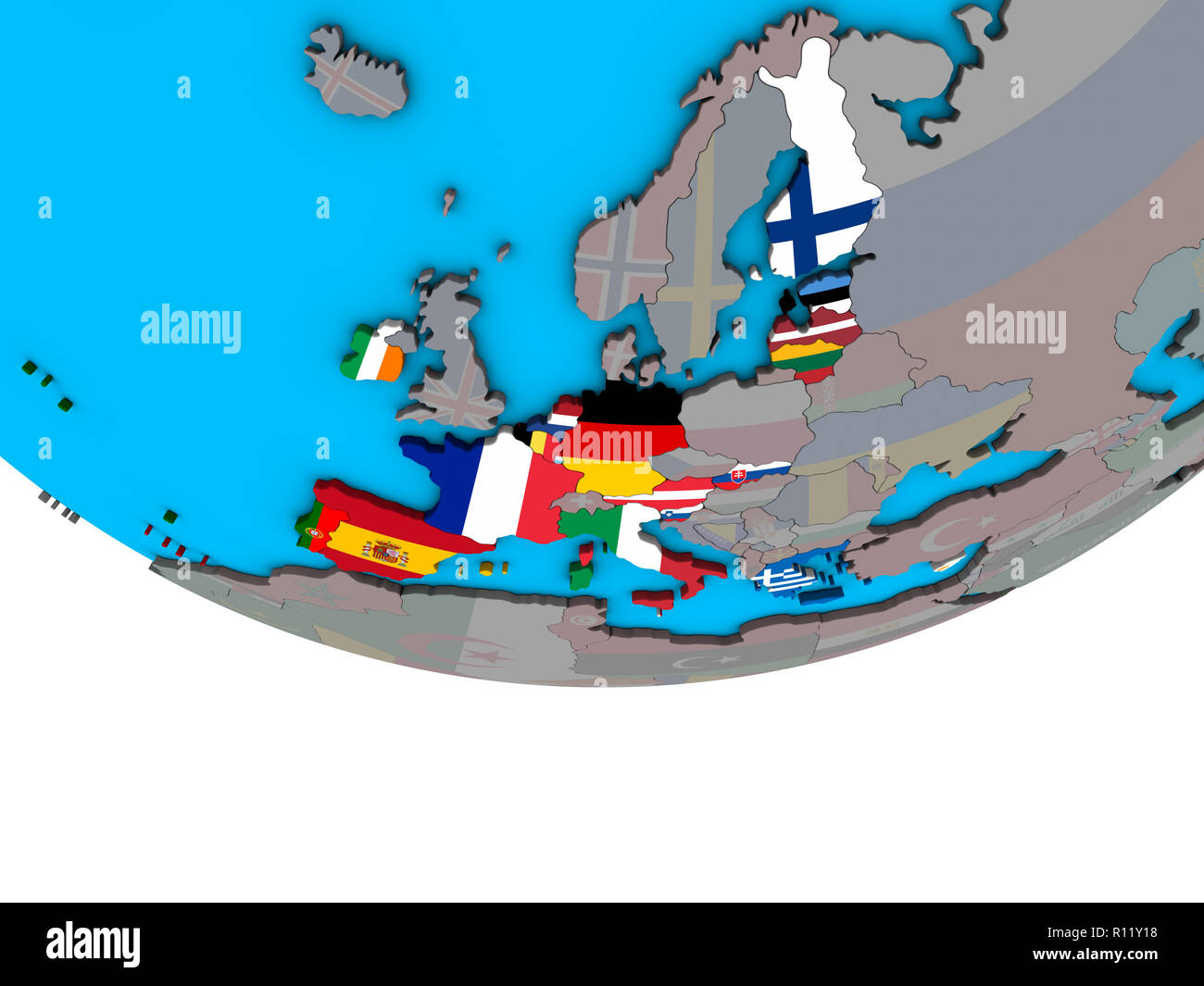 Eurozone member states with embedded national flags on simple political ...