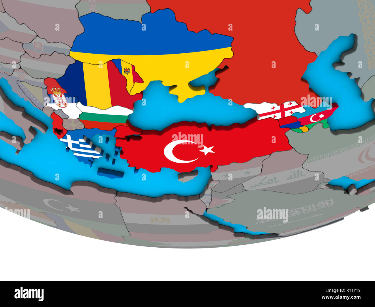 BSEC countries with embedded national flags on simple political 3D ...
