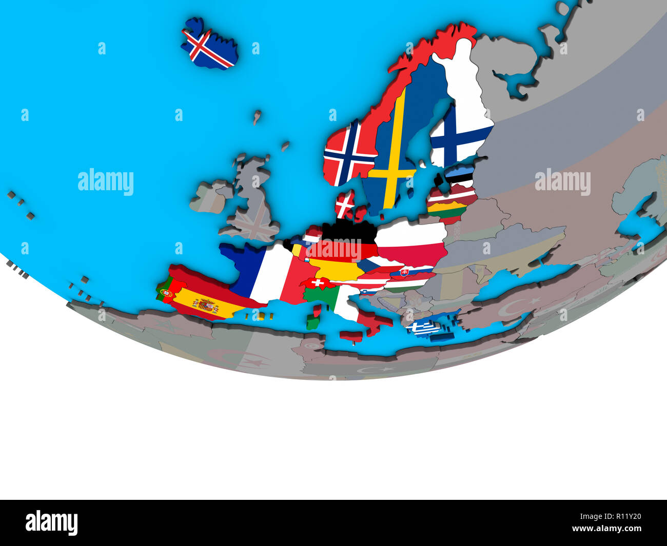 Schengen Area members with embedded national flags on simple political ...