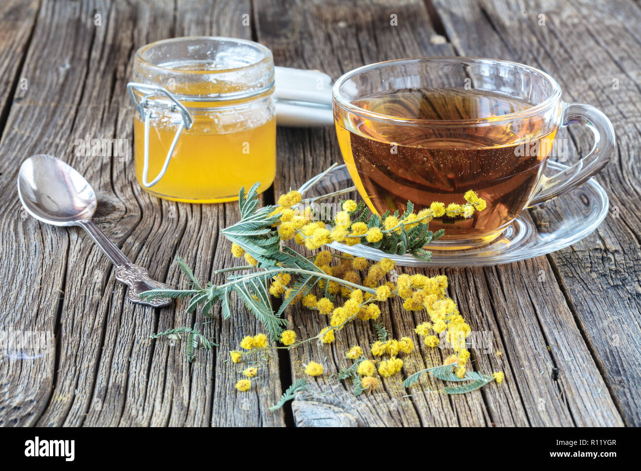 Spring mimosa flowers and cup of tea Stock Photo - Alamy