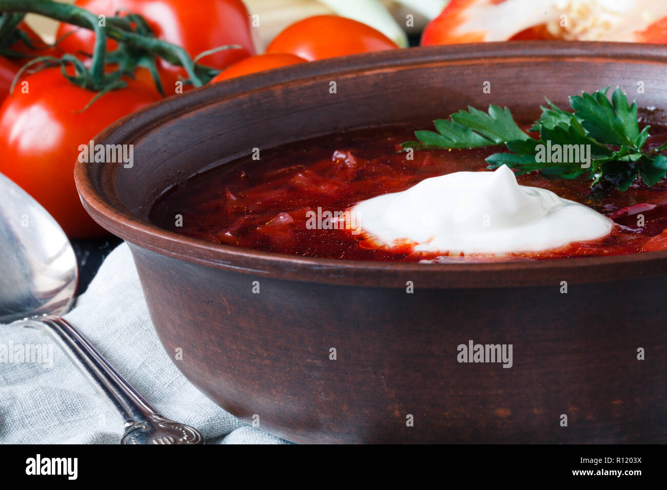 Soup with beets. Russian traditional borsch Stock Photo - Alamy