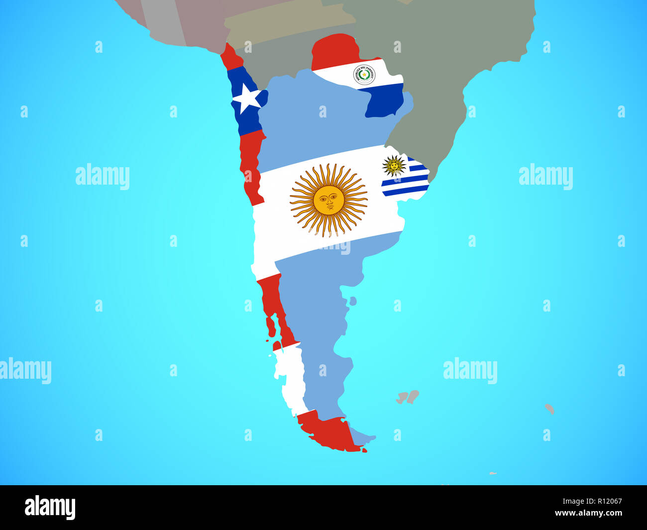 Southern Cone with national flags on blue political globe. 3D ...