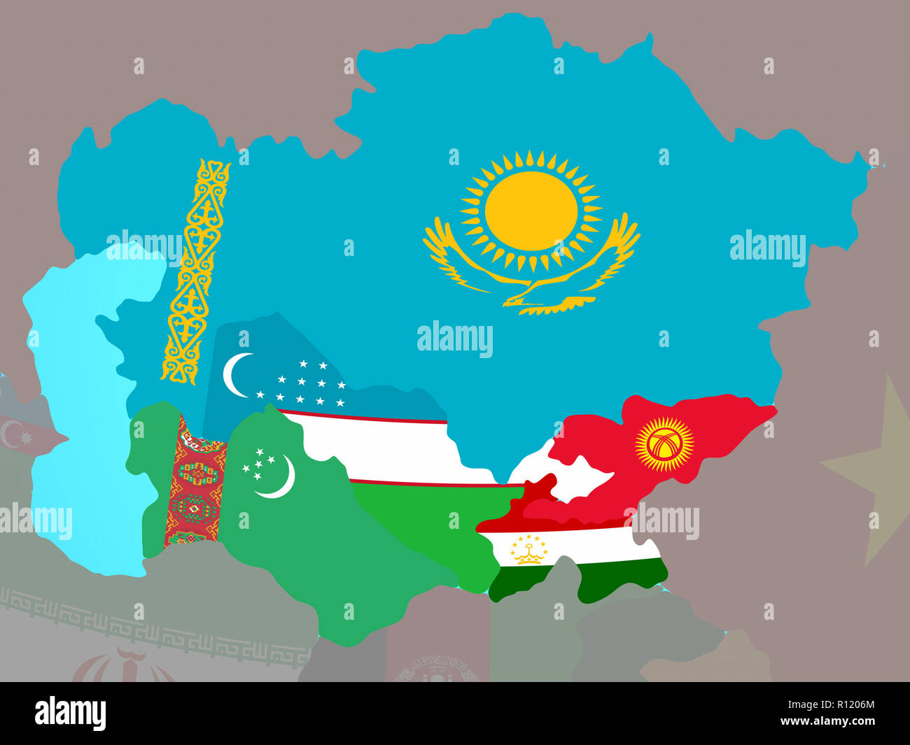 Central Asia with national flags on blue political globe. 3D ...