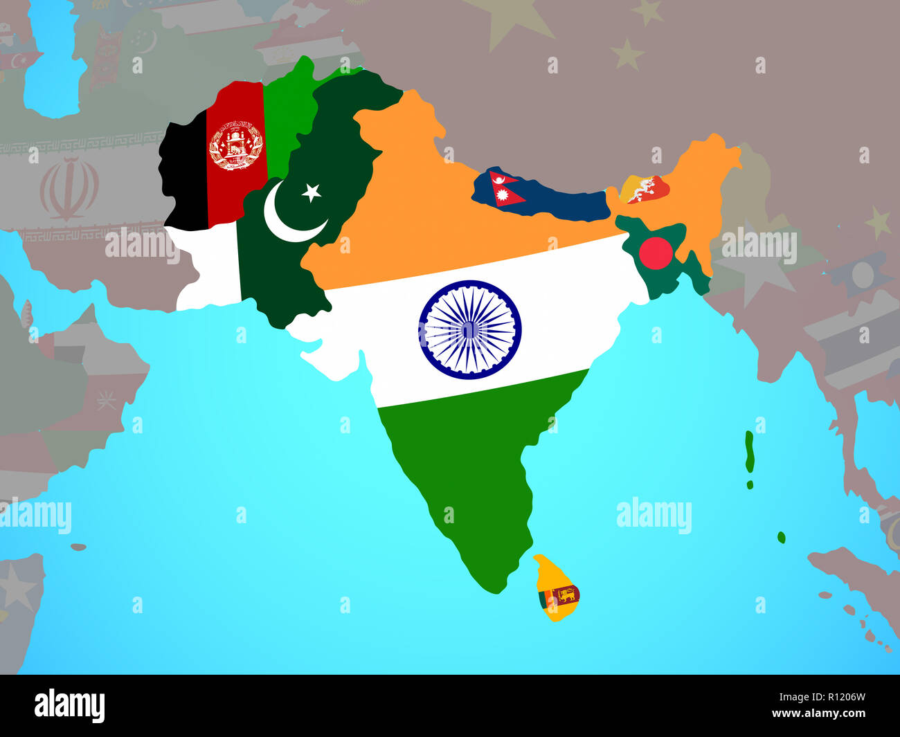 South Asia with national flags on blue political globe. 3D illustration ...