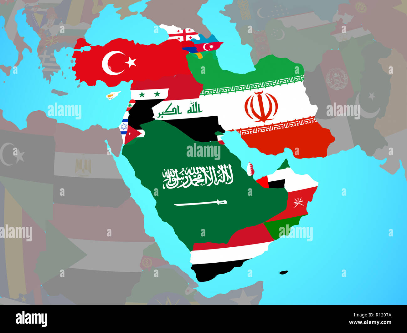Western Asia with national flags on blue political globe. 3D ...