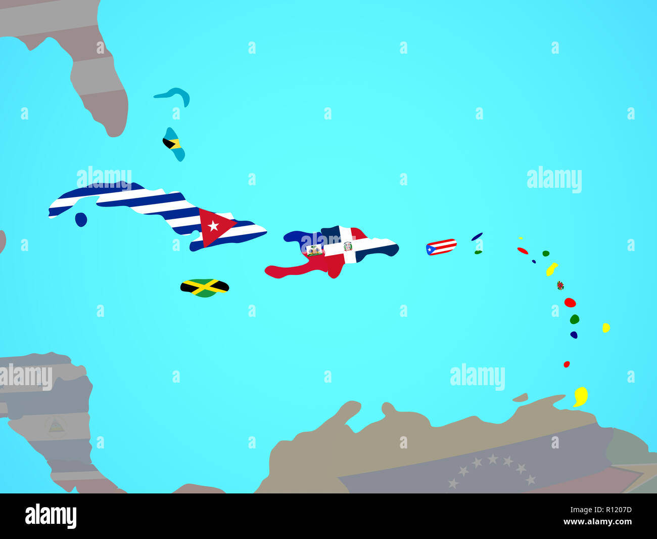 Caribbean with national flags on blue political globe. 3D illustration ...
