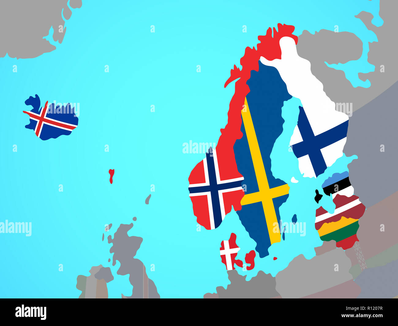 Northern Europe with national flags on blue political globe. 3D ...