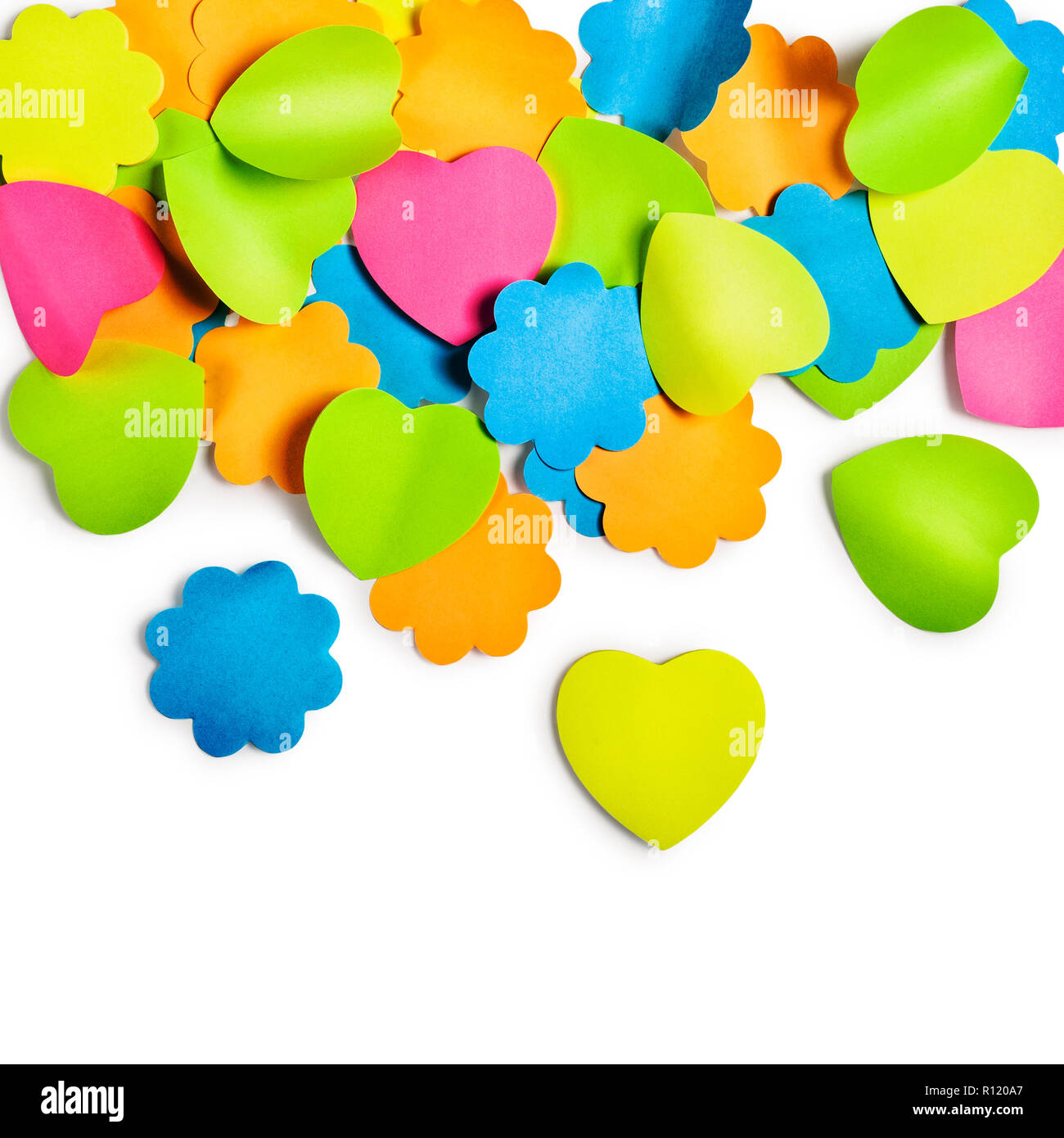 Sticky notes heart and flower shaped isolated on white background. Top ...